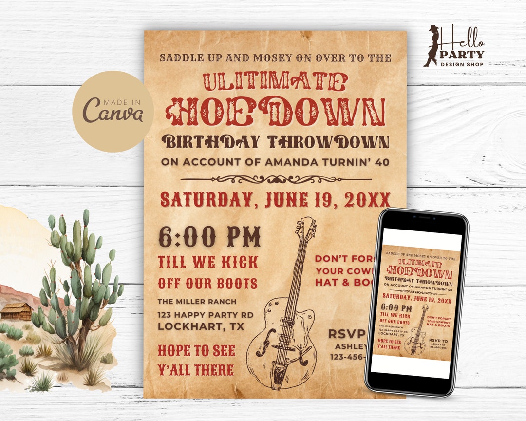 Hoedown Throwdown Birthday Party Invitation -western Cowboy Boots Hat ...