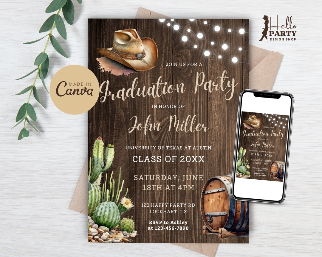 Editable Western Graduation Party Invitation - Digital Invite Rustic ...