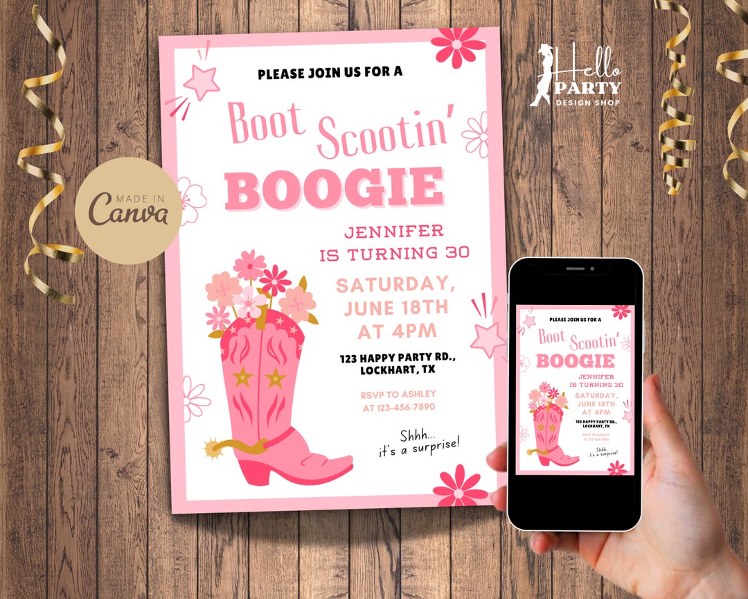 Hot Pink Boot Scootin Boogie Birthday Invitation groovy 30th Party ...
