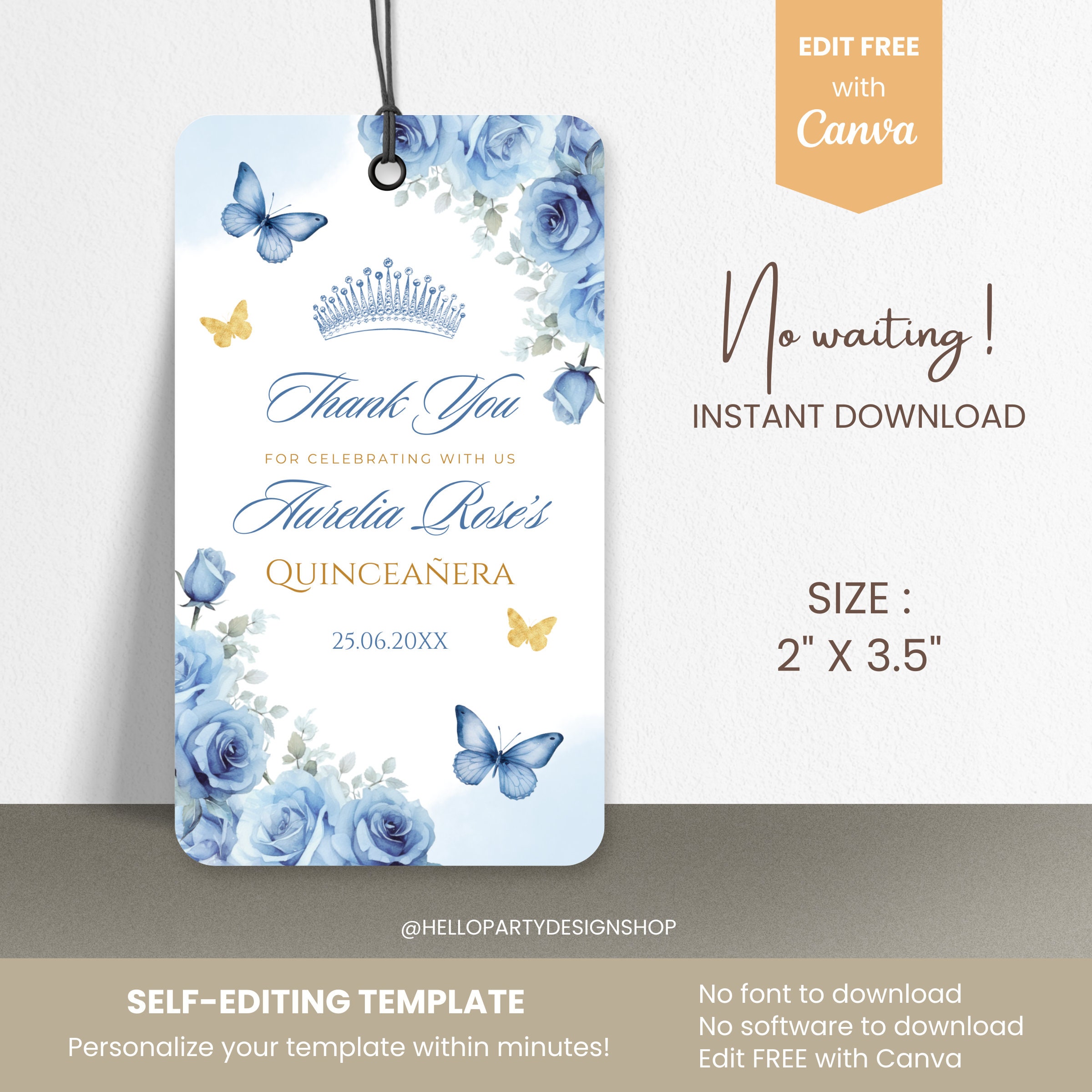 Editable Blue Gold Quinceañera Thank You Tag 15th Birthday Party ...