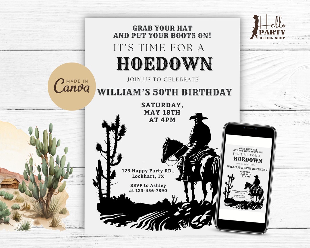 Editable Western Hoedown Birthday Party Invitation - Black Silhouette ...