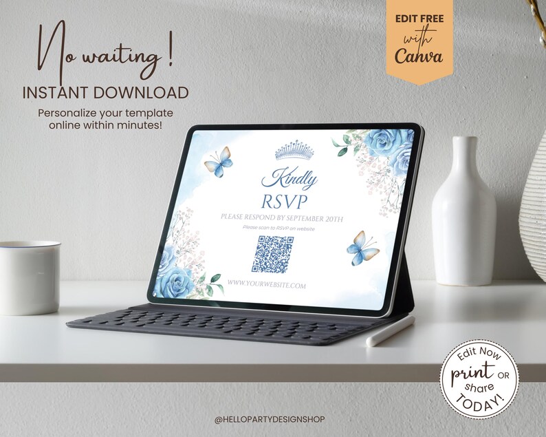 Blue Quinceañera RSVP Card QR Code, Editable Rsvp Insert Card 15th ...