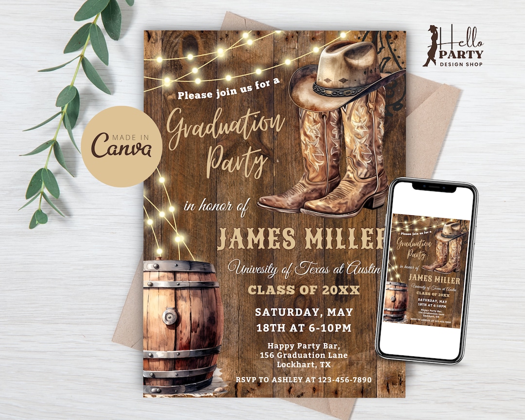 Editable Western Graduation Party Invitation - Digital Invite Rustic ...