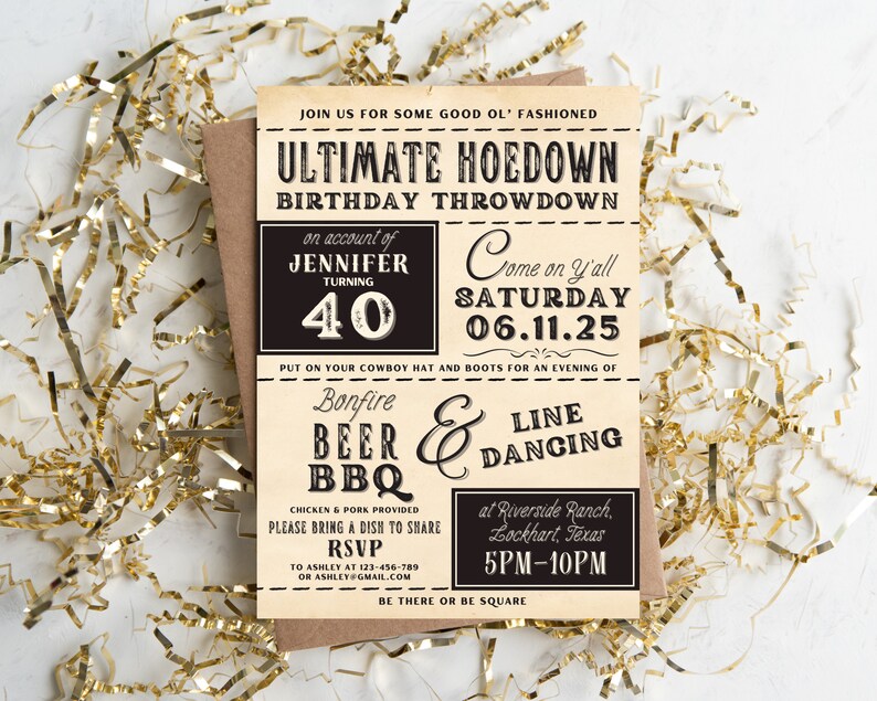 Hoedown Birthday Throwdown Bonfire Beer BBQ Invitation Western Cowboy ...