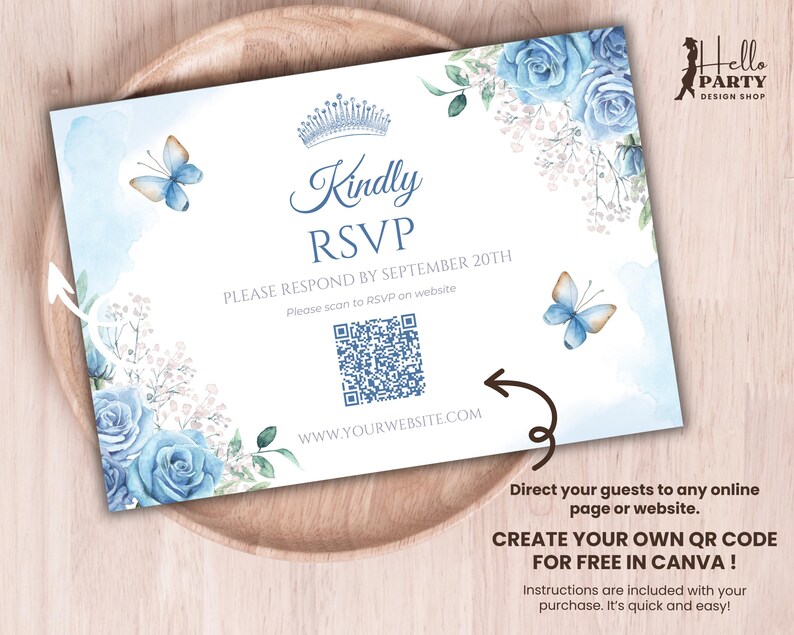 Blue Quinceañera RSVP Card QR Code, Editable Rsvp Insert Card 15th ...
