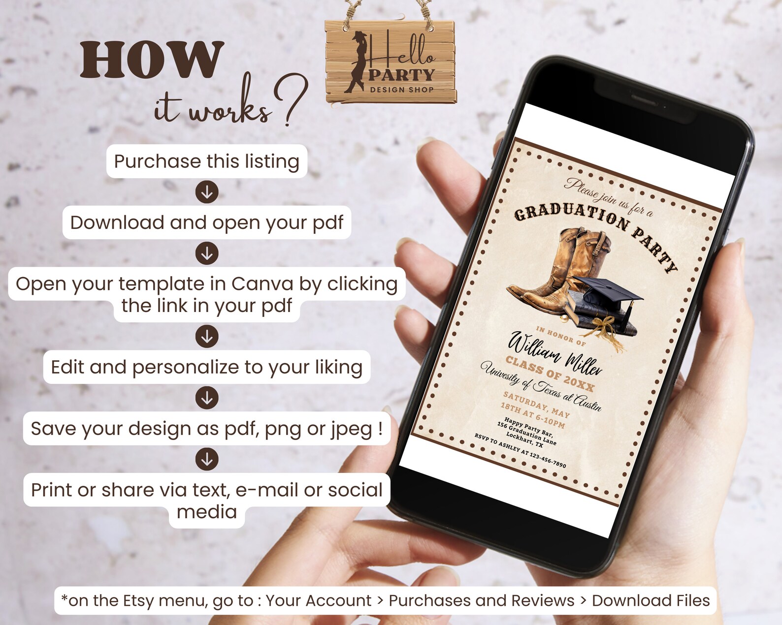 Editable Western Graduation Party Invitation - Digital Invite Rustic ...