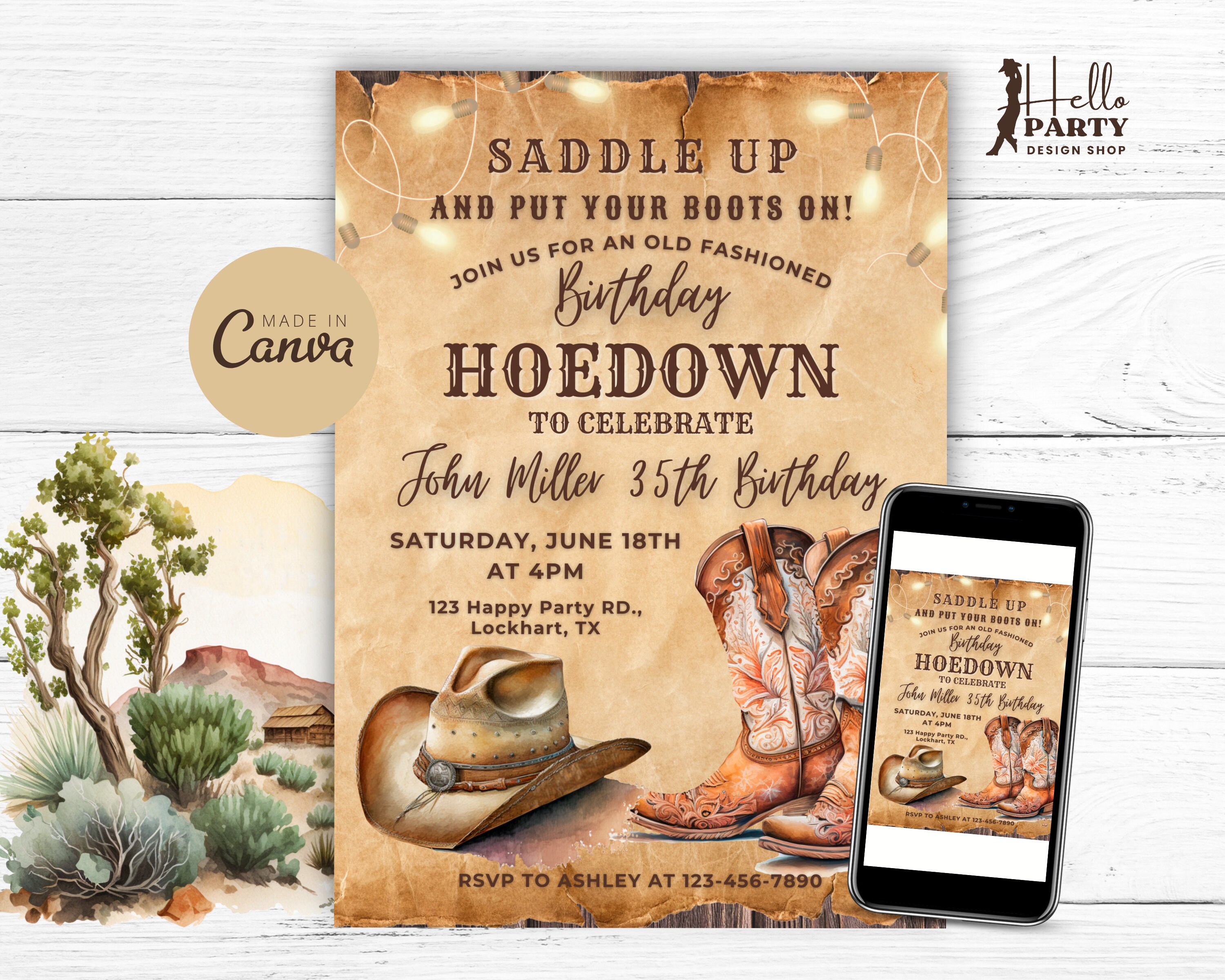 Editable Hoedown Birthday Party Invitation -western Cowboy Digital ...
