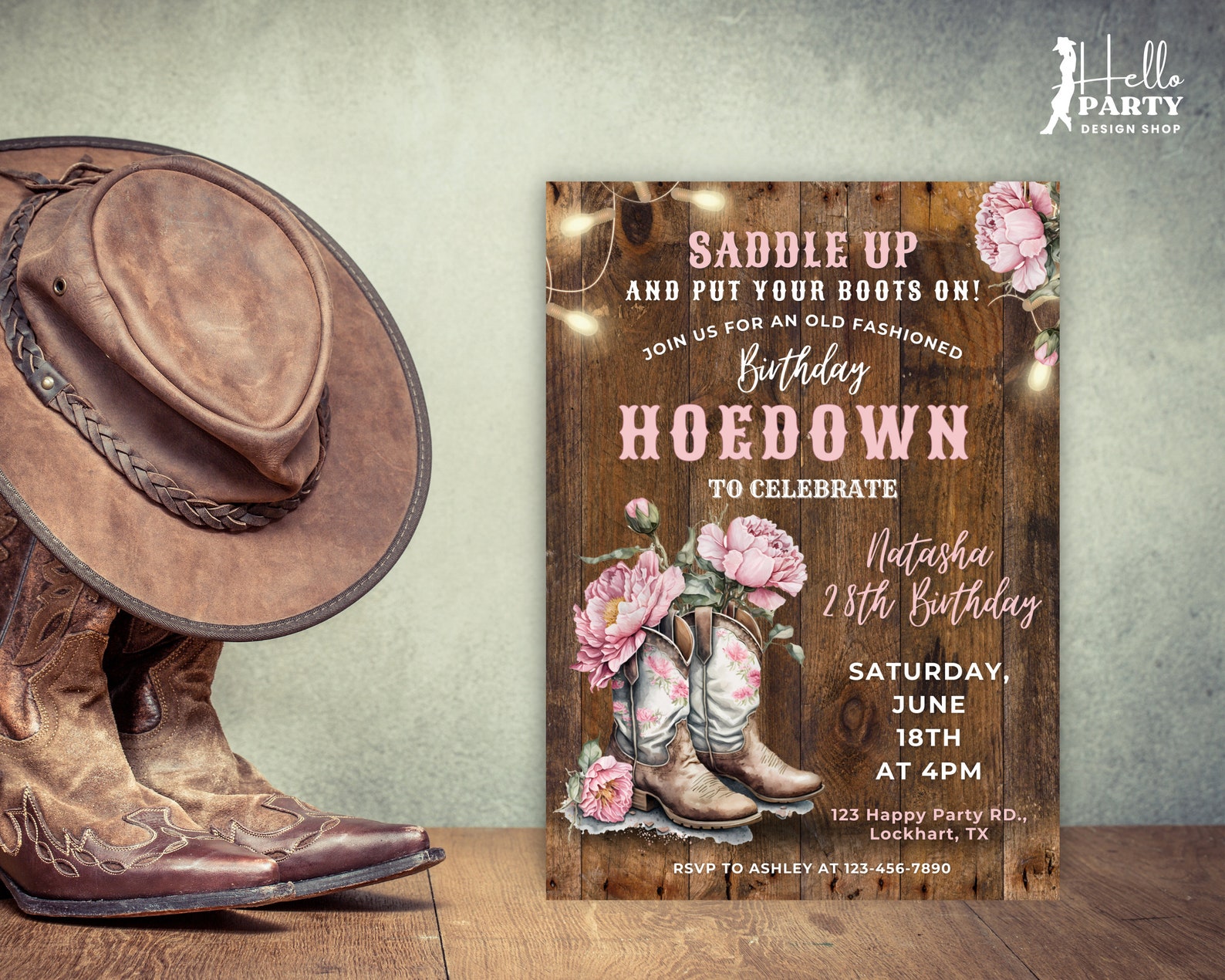 Editable Cowgirl Hoedown Birthday Party Invitation - Peonies Roses Wild ...