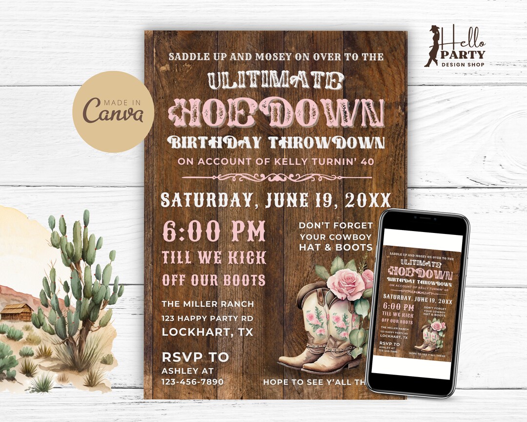 Hoedown Throwdown Birthday Party Invitation - Pink Roses Western ...