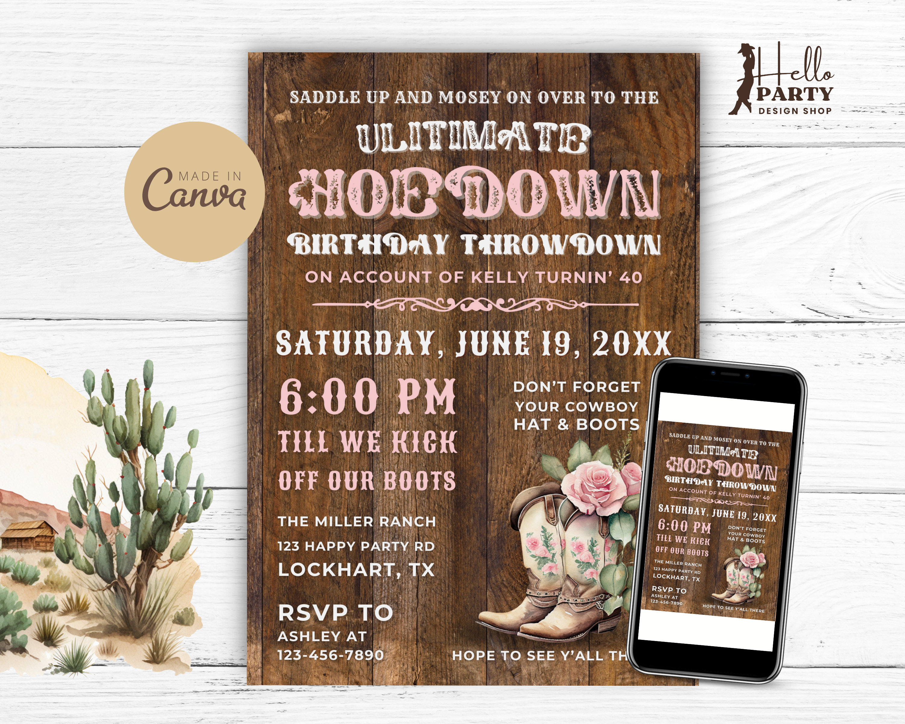 Hoedown Throwdown Birthday Party Invitation - Pink Roses Western ...