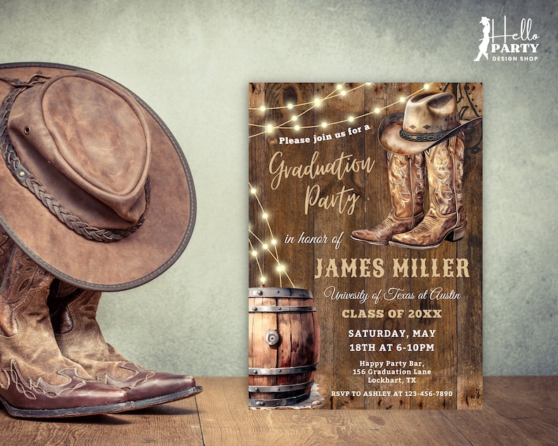 Editable Western Graduation Party Invitation - Digital Invite Rustic ...