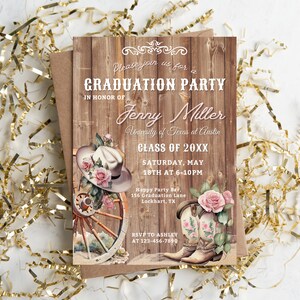 Editable Rustic Graduation Party Invitation - Digital Invite Country College Grad Hat Cowgirl ...