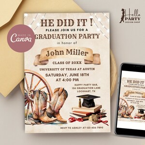 Editable Western Graduation Party Invitation - Digital Invite Rustic ...