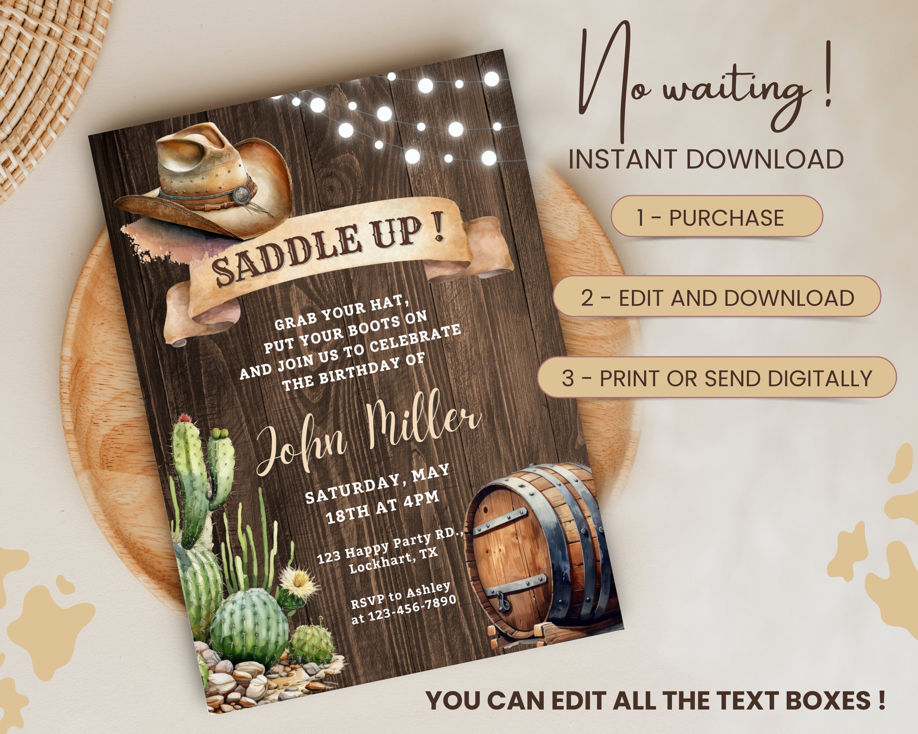 Editable saddle Up Birthday Party Invitation Cowboy Boots Digital Southwestern Invite Rustic ...
