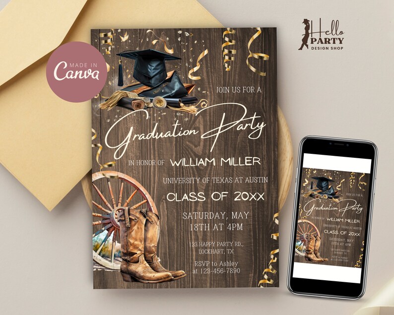 Editable Western Graduation Party Invitation Digital Invite Rustic ...