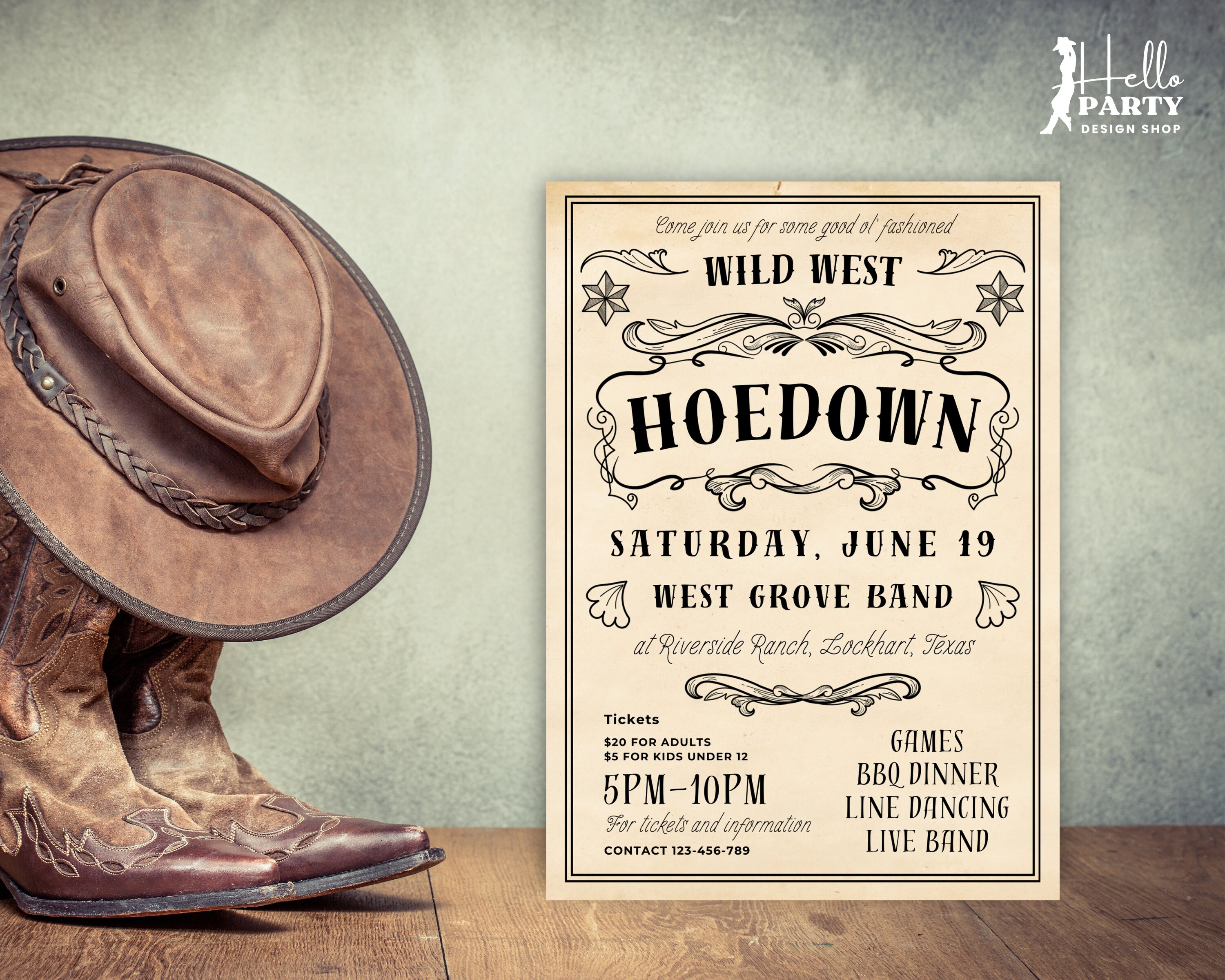 Wild West Hoedown Flyer country Party Invitation rustic Editable ...