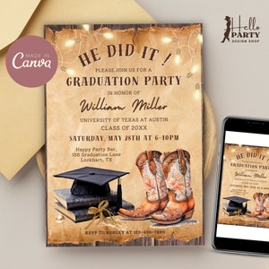 Editable Western Graduation Party Invitation - Digital Invite Rustic ...
