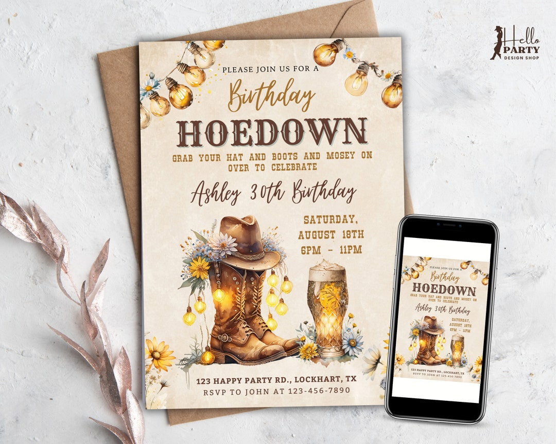 Hoedown Invitation, Boots and Beer Invite, Cowgirl Birthday Party ...