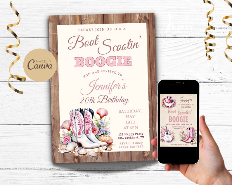 Invitación de cumpleaños con temática de bota costera, boogie y escoba ...