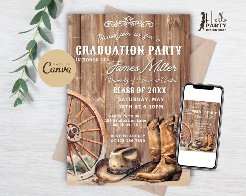 Editable Western Graduation Party Invitation Digital Invite Rustic ...