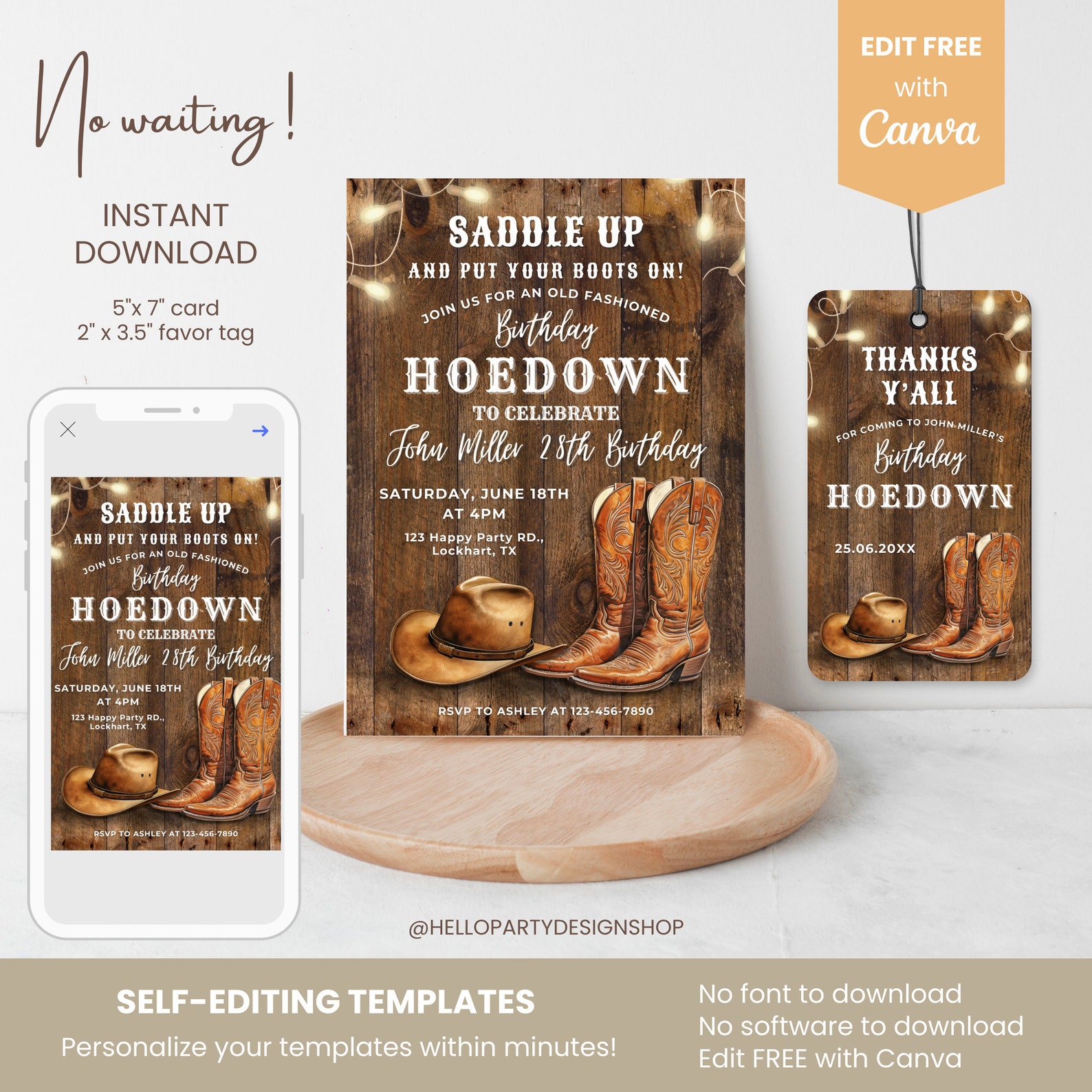 Editable Western Hoedown Invitation Thank You Tag Birthday Party Cowboy ...