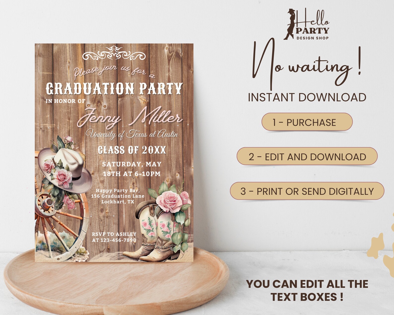 Editable Rustic Graduation Party Invitation Digital Invite Country ...