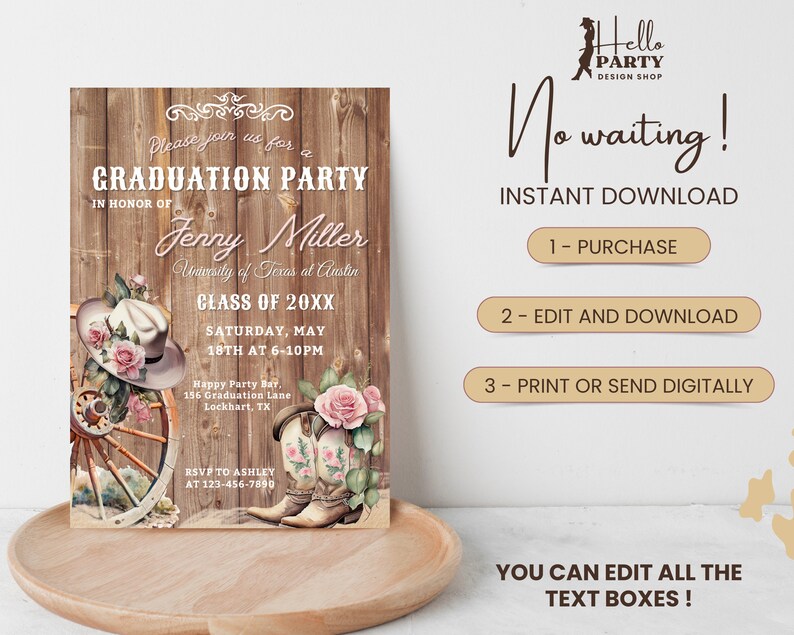 Editable Rustic Graduation Party Invitation - Digital Invite Country ...