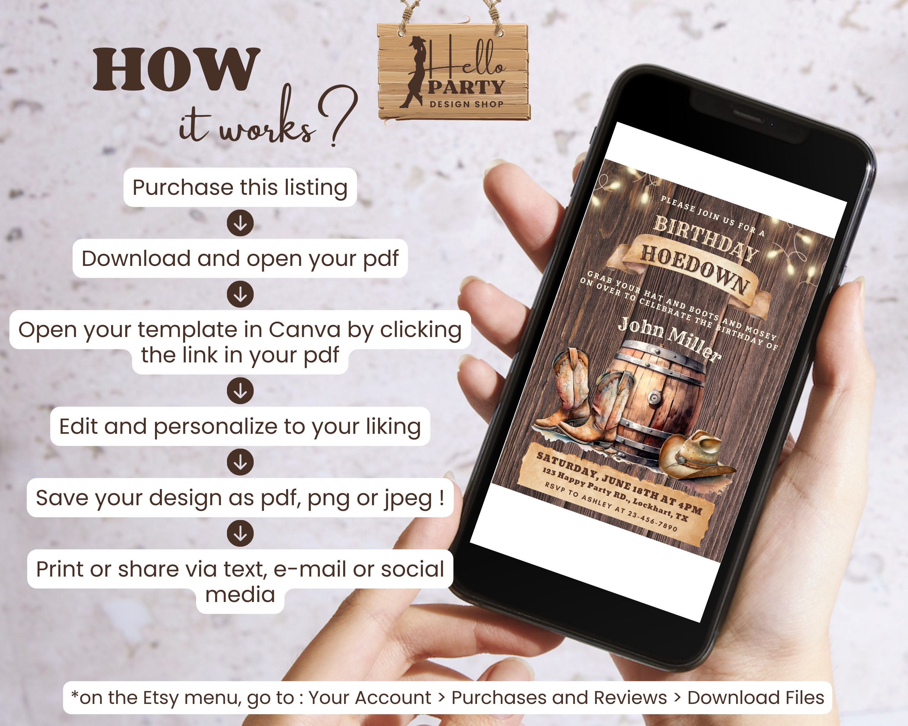 Editable Hoedown Birthday Party Invitation - Western Cowboy Digital ...