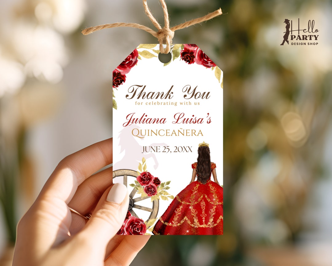 Editable Red Gold Quinceañera Thank You Tag - 15th Birthday Printable ...