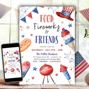 Editable 4th of July Cookout Invitation - Food Fireworks and Friends ...