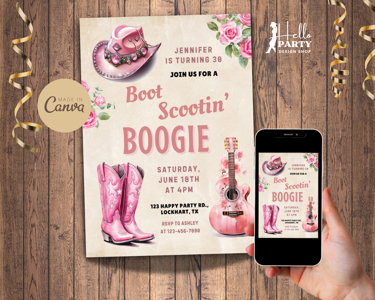 Boot Scootin Boogie Birthday Invitation guitar 30th Party Template pink ...