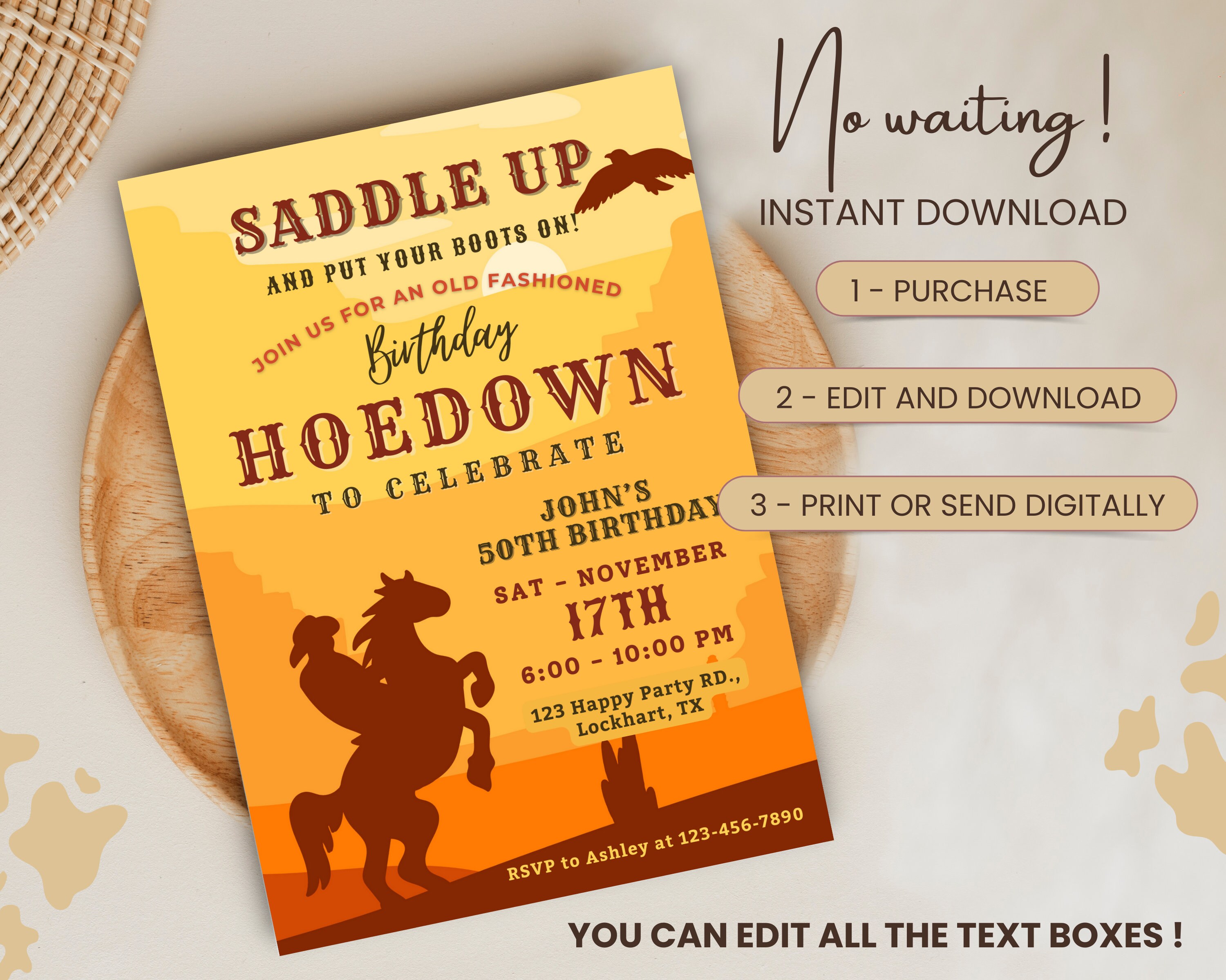Editable Western Hoedown 50th Birthday Invitation Wild West Sunset ...