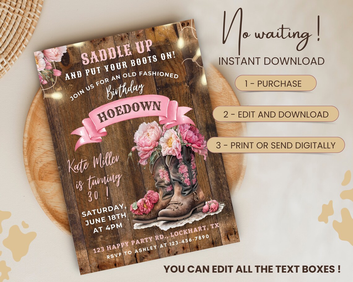 Editable Pink Peonies Hoedown Birthday Invitation Western Cowgirl Party ...