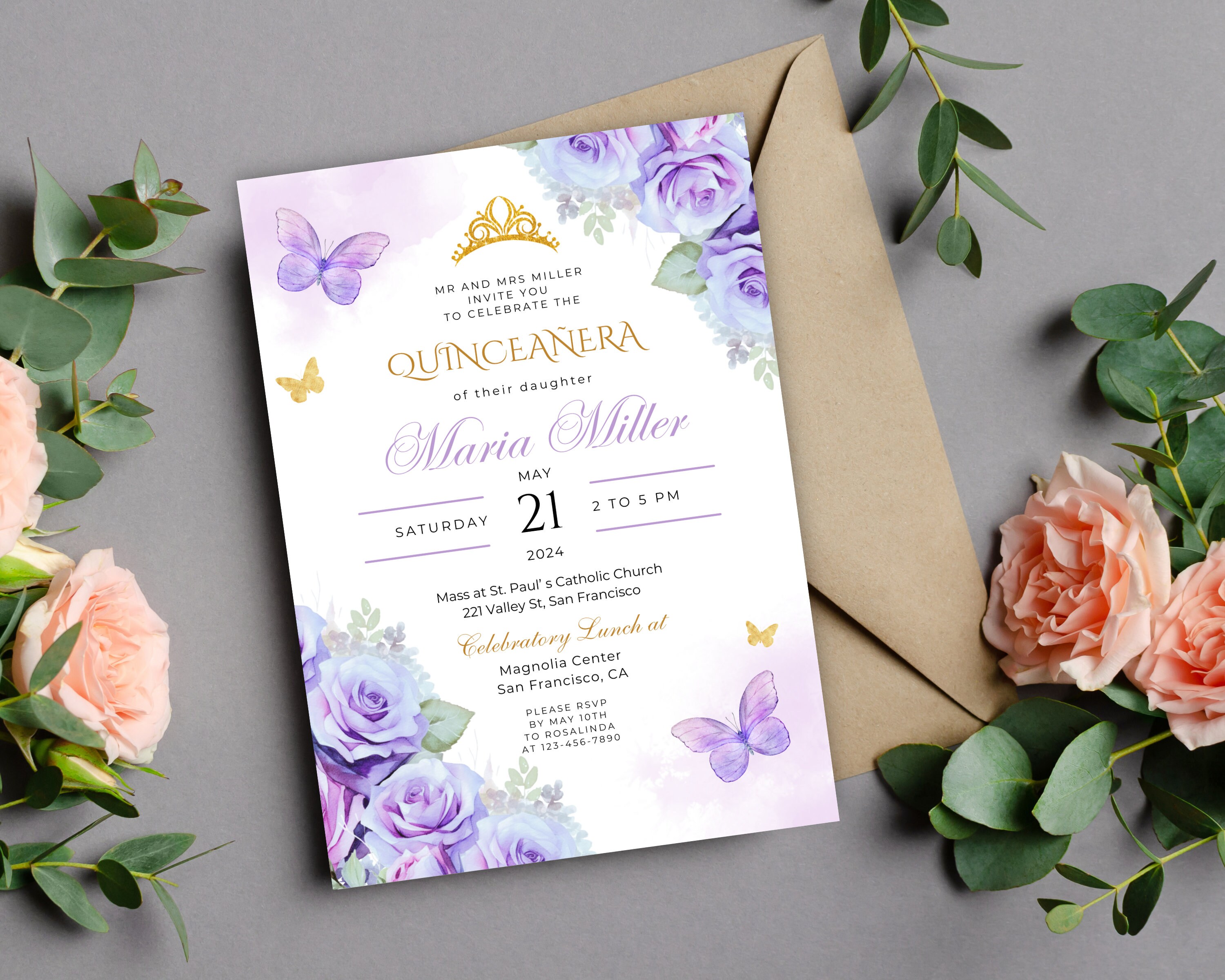 Lilac and Gold Quinceañera Invitation, Purple Gold XV Invitation, 15th ...