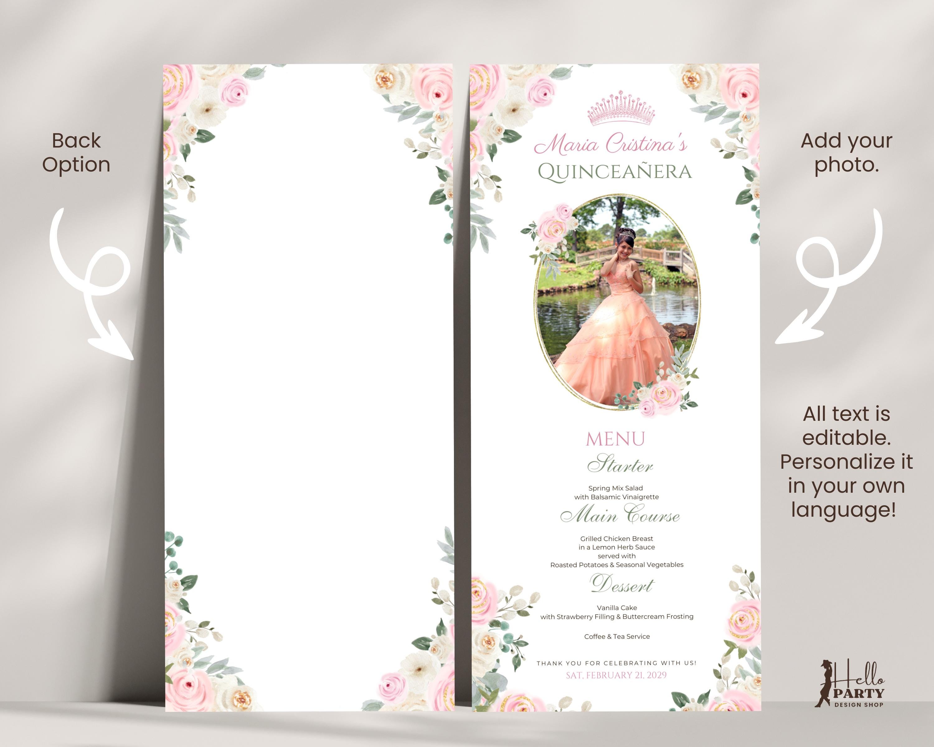 Pink Blush Rose Gold Quinceañera Menu With Photo, Pink Floral Mis ...