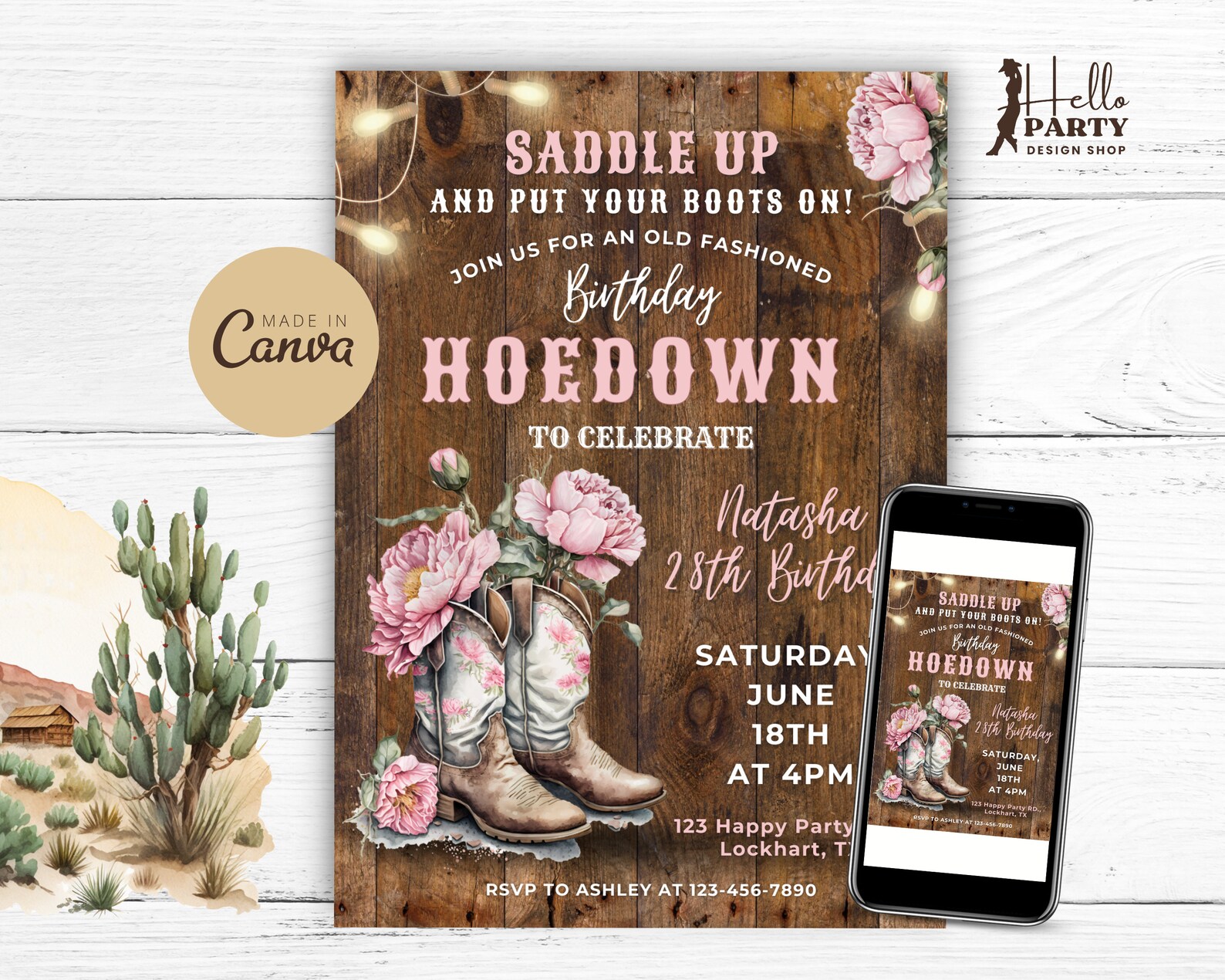 Editable Cowgirl Hoedown Birthday Party Invitation Peonies Roses Wild ...