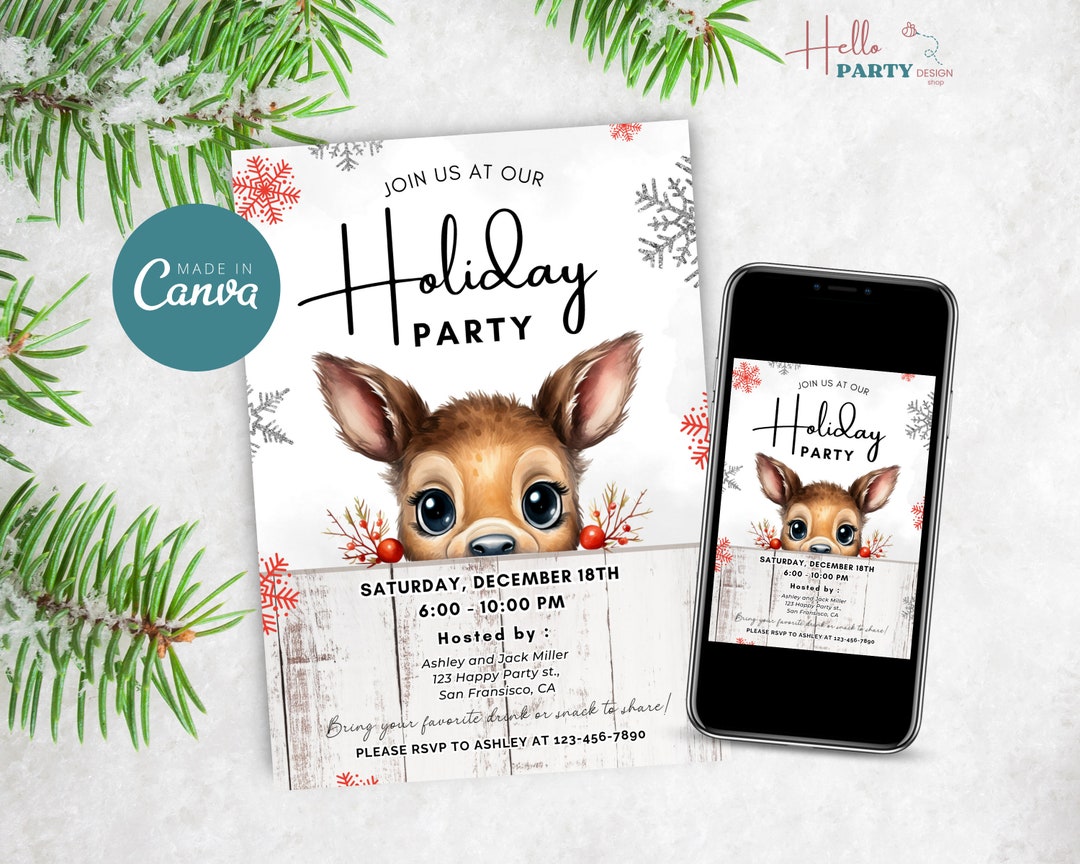 Editable Funny Holiday Party Invitation Colorful Christmas Deer Invite ...