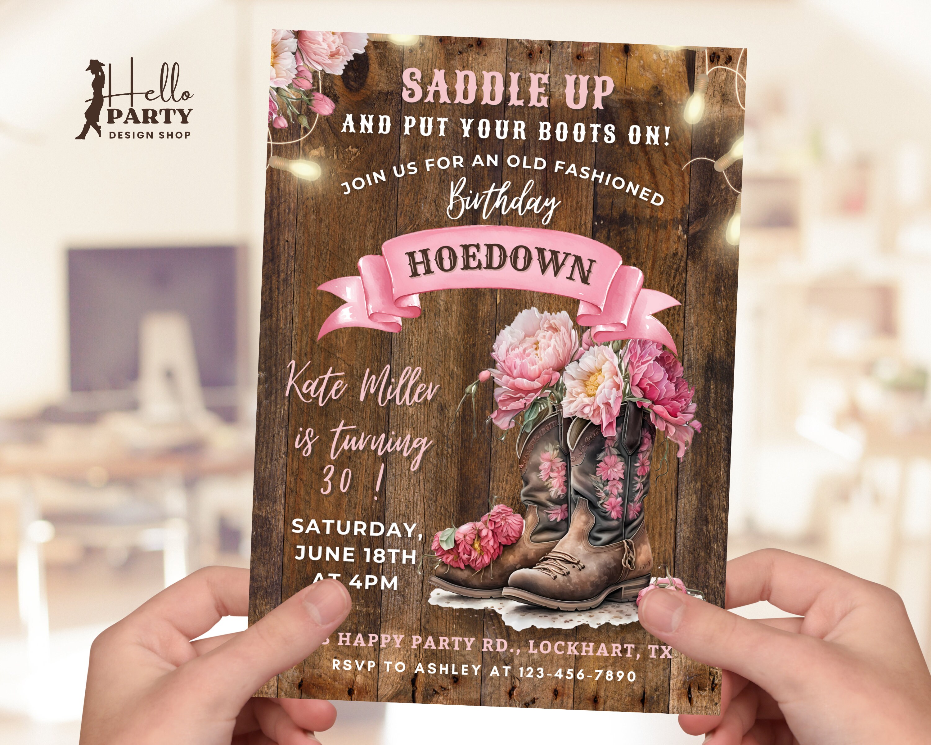 Editable Pink Peonies Hoedown Birthday Invitation Western Cowgirl Party ...