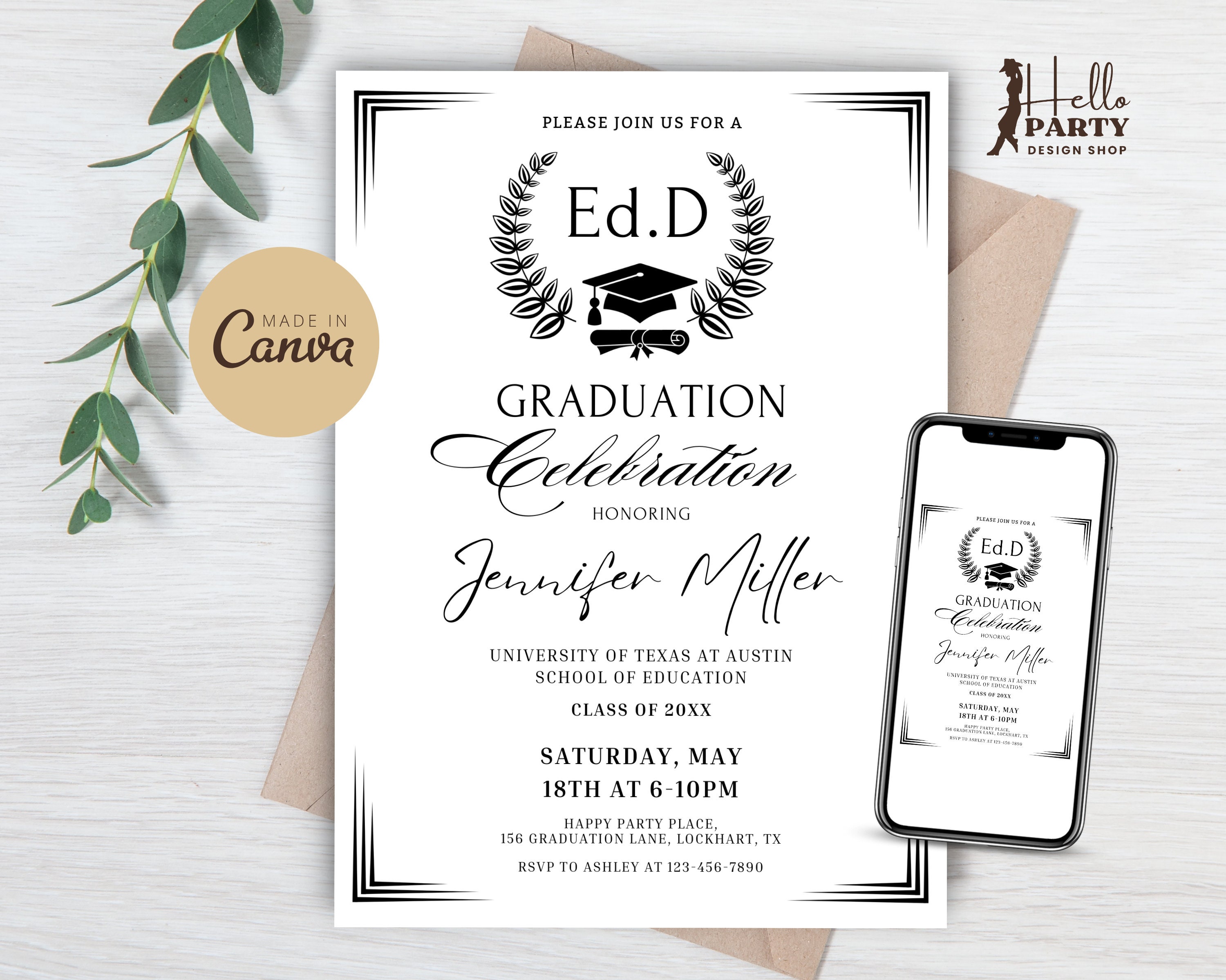 Ed.d Graduation Party Invitation Education Doctorate Minimalist Digital ...