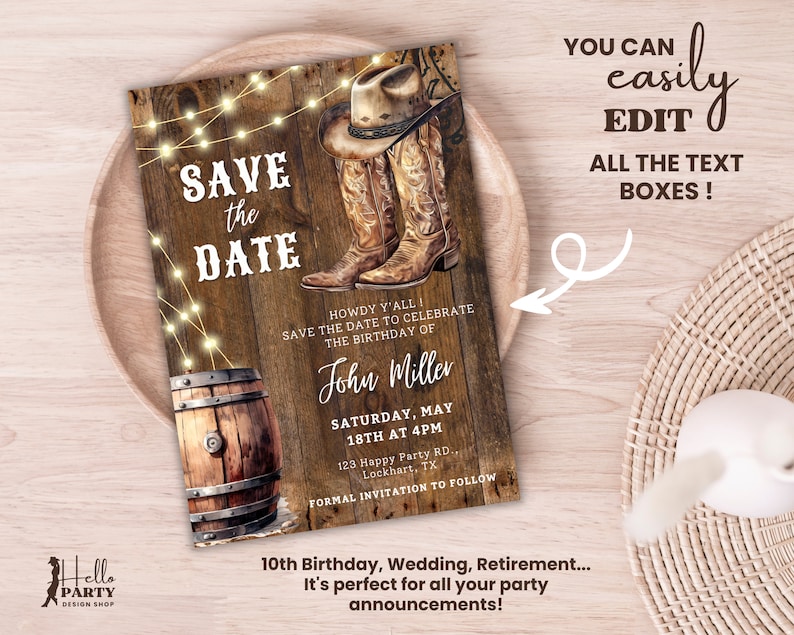 Editable Western Save the Date, Birthday Party Invitation, Cowboy Save ...