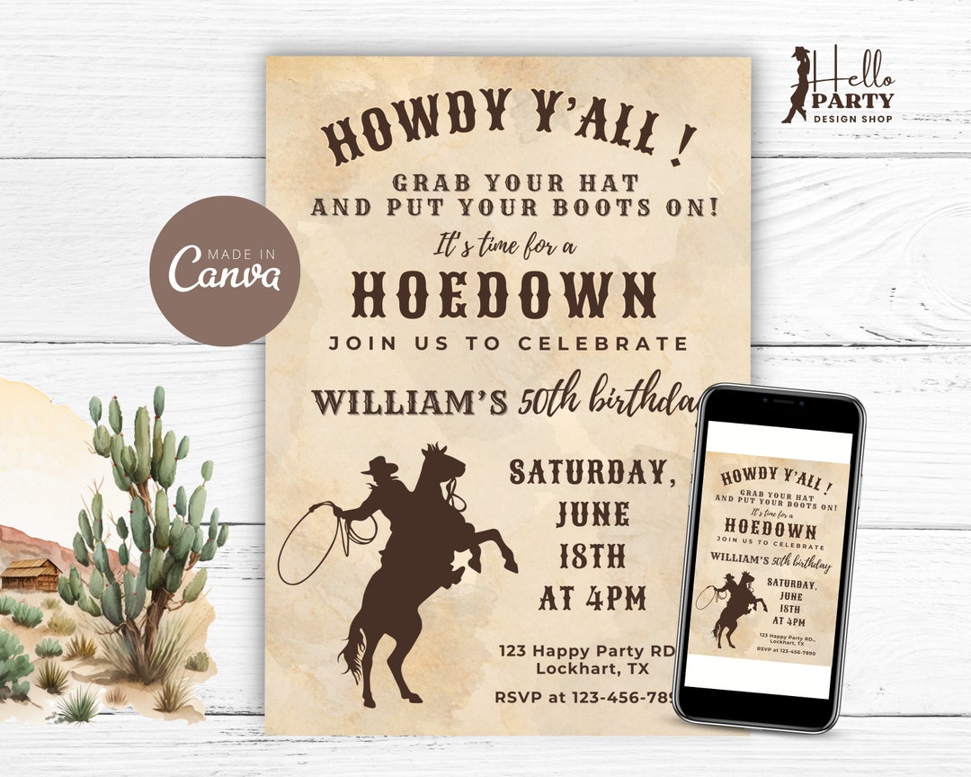 Editable Western Hoedown Birthday Invitation -cowboy Rodeo Silhouette ...