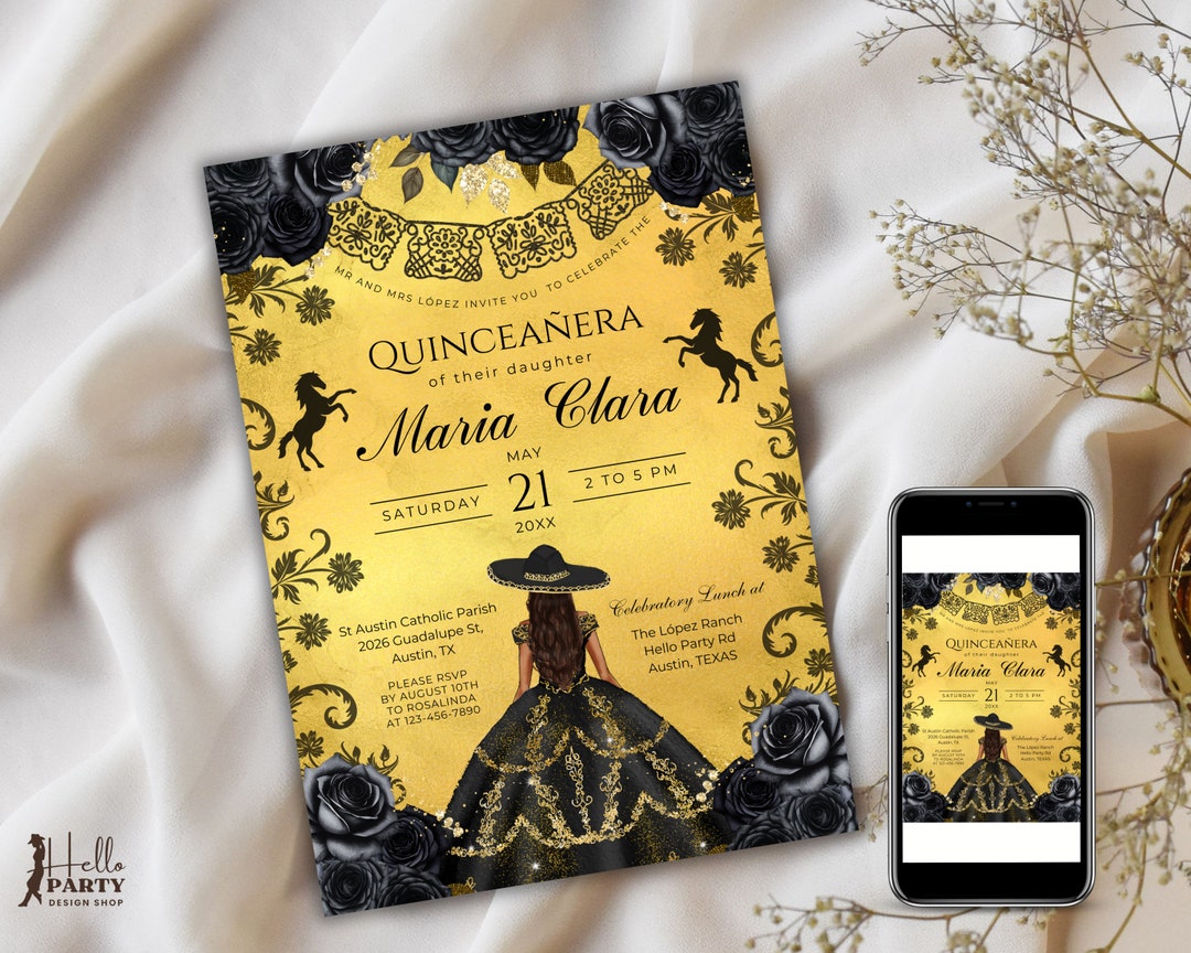 Black Gold Charro Quinceañera Invitation: Western Horses (editable ...