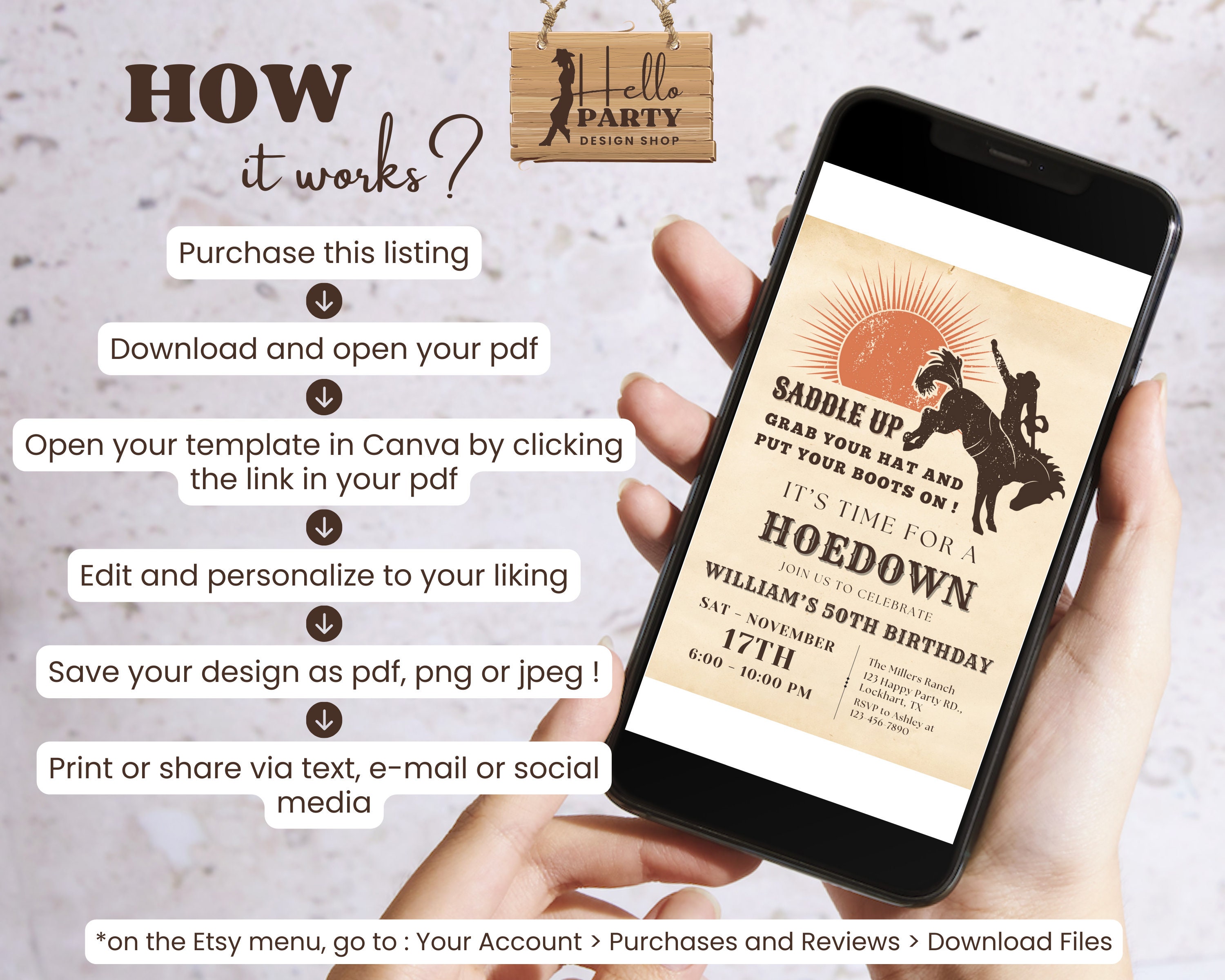 Editable Hoedown Birthday Invitation Western Sunset Wild West Desert ...