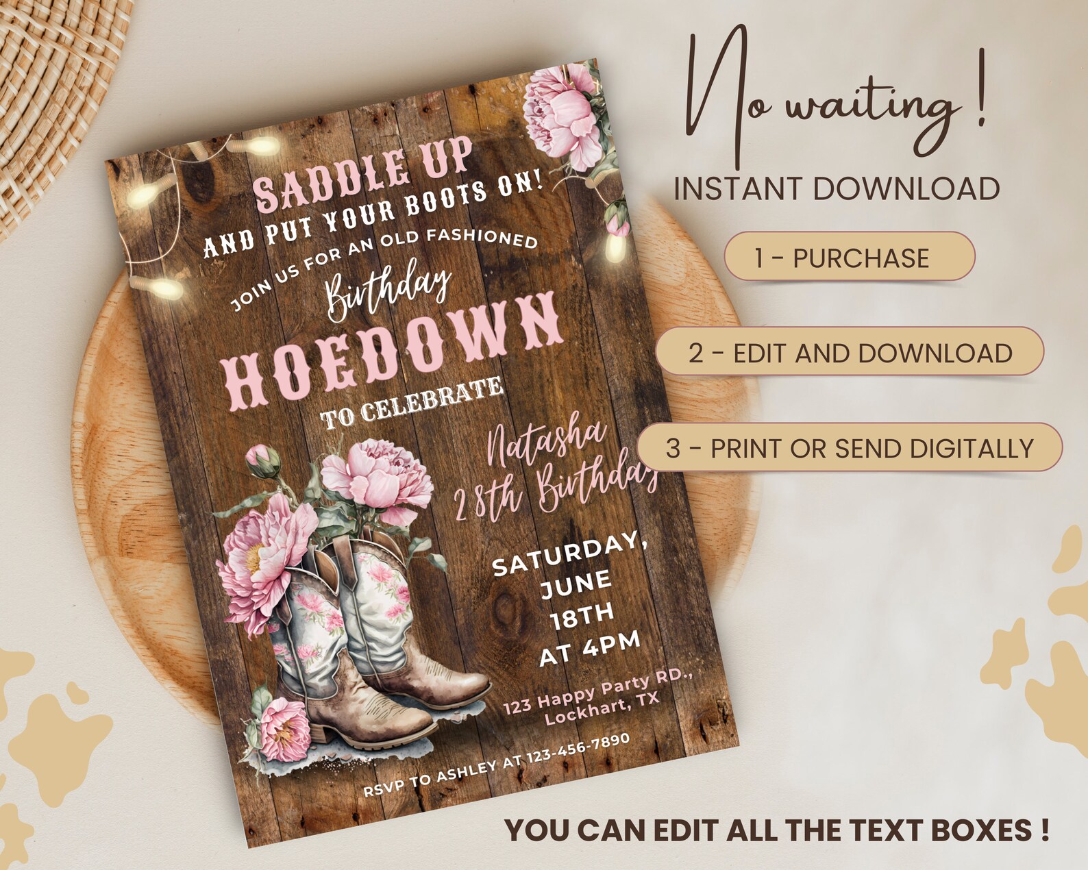 Editable Cowgirl Hoedown Birthday Party Invitation Peonies Roses Wild ...