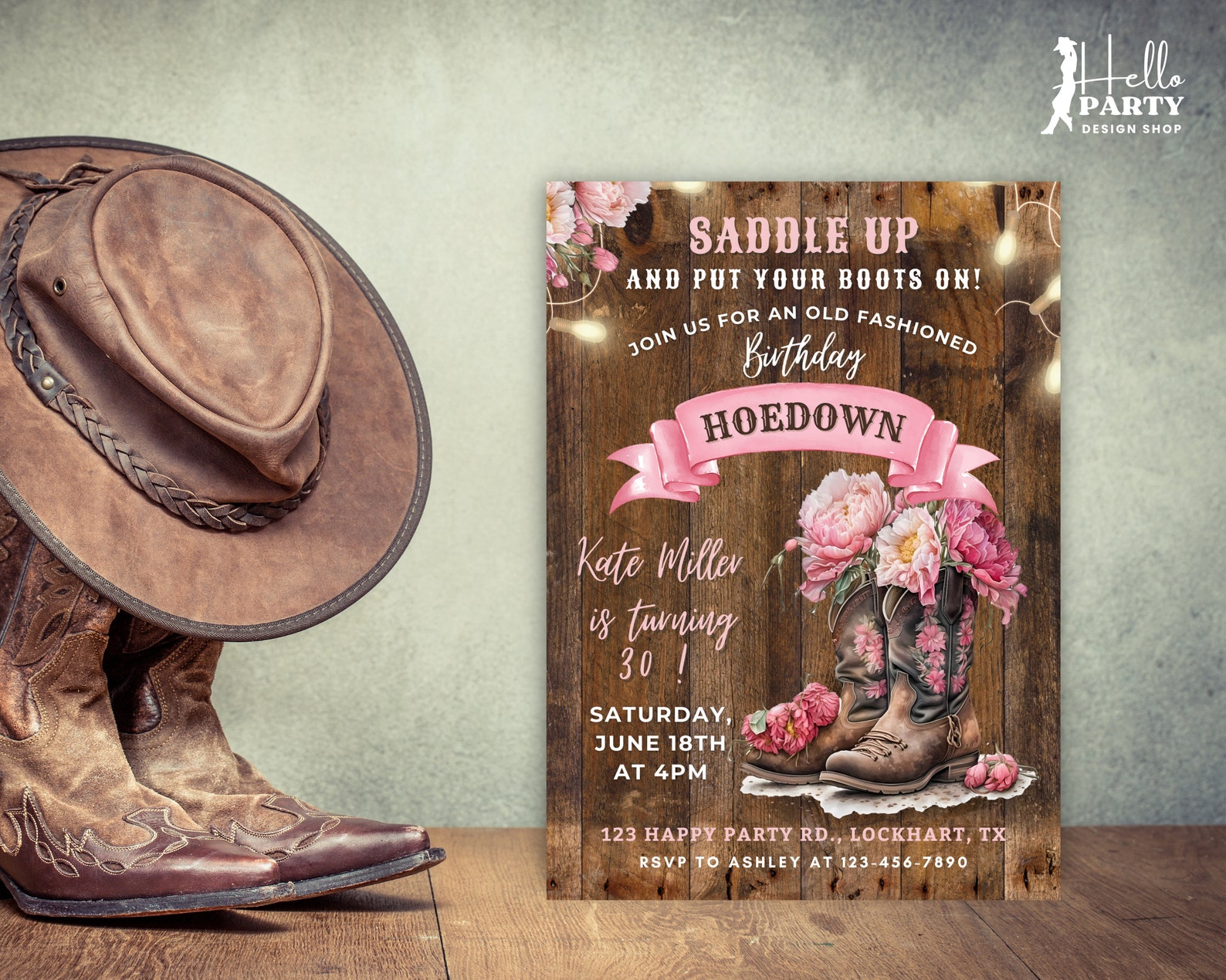 Editable Pink Peonies Hoedown Birthday Invitation Western Cowgirl Party ...