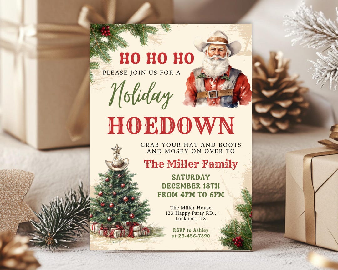 Holiday Hoedown Invitation, Country Christmas Party, Cowboy Santa ...