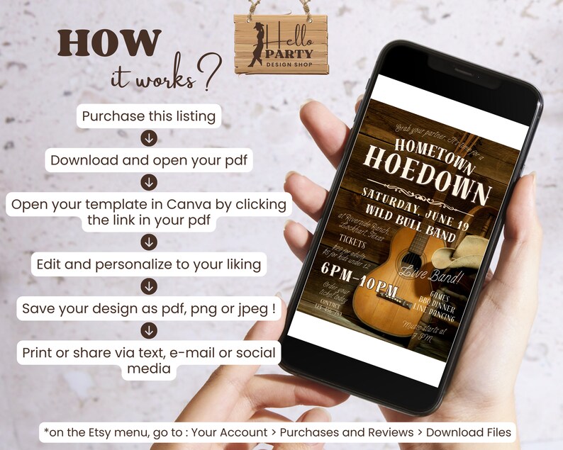 Editable Hoedown Flyer - Country Guitar Party Invitation - Rustic Live ...
