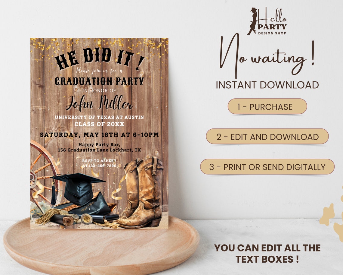 Editable Western Graduation Party Invitation Digital Invite Rustic ...