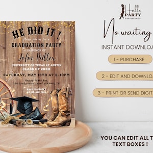 Editable Western Graduation Party Invitation - Digital Invite Rustic ...