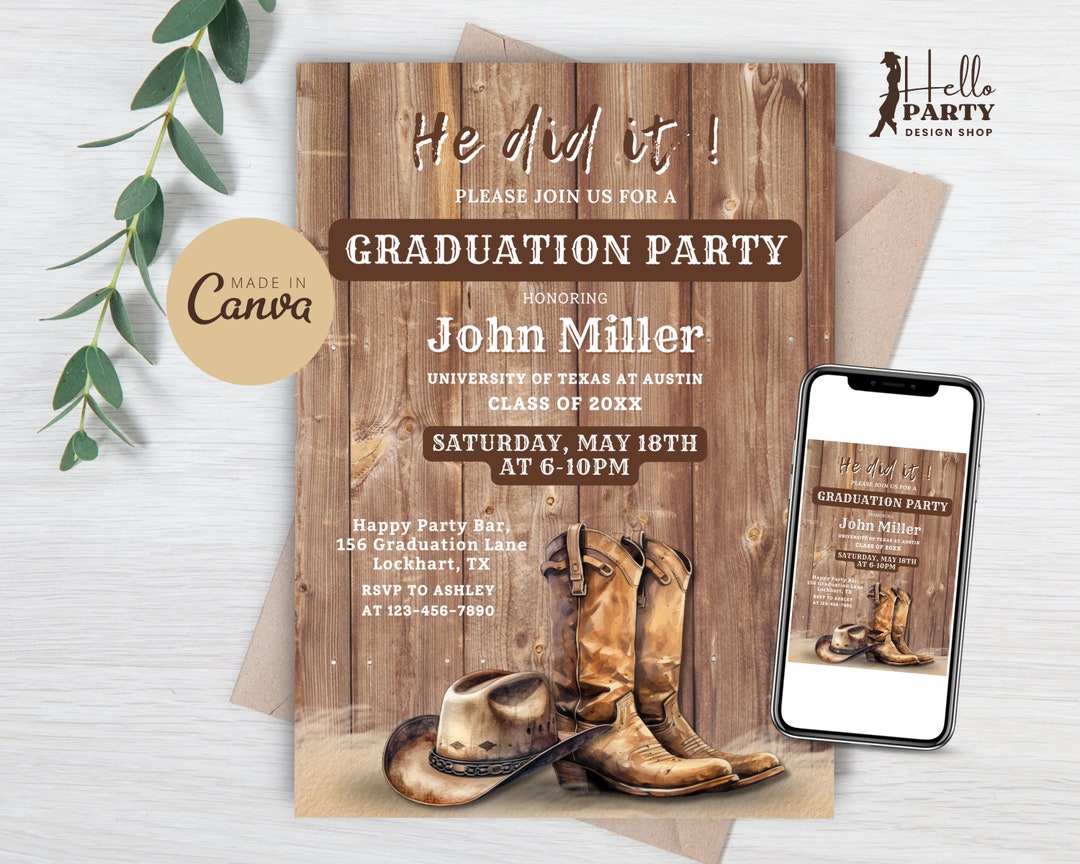 Editable Western Graduation Party Invitation - Digital Invite Rustic ...
